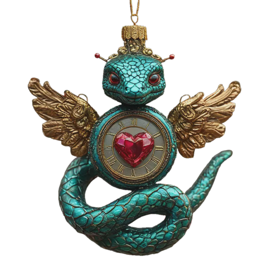 "An emerald-azure fairy-tale snake with wings and a tiara wraps around ...