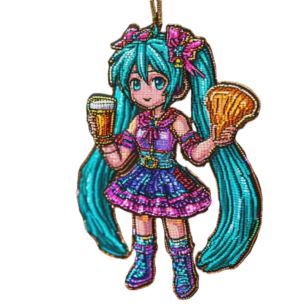 "Hatsune Miku from Vocaloid with a cheburek in his left hand and a beer ...