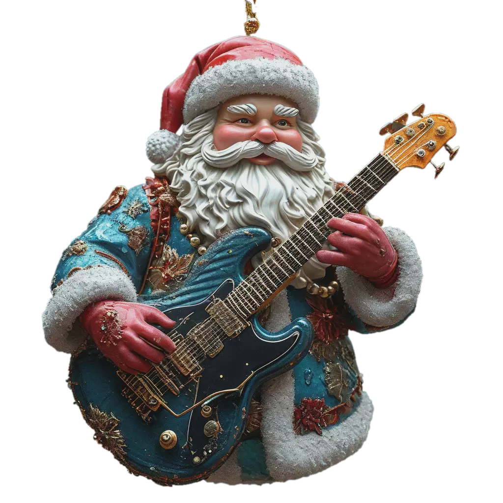 "Santa Claus is a rocker with a black electric guitar in a garland ...