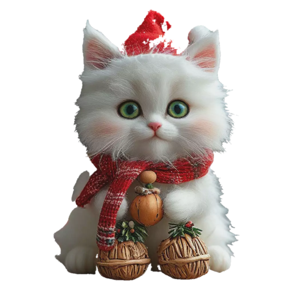 "A kitten with fluffy snow-white fur,green eyes,smiling,a red Christmas ...