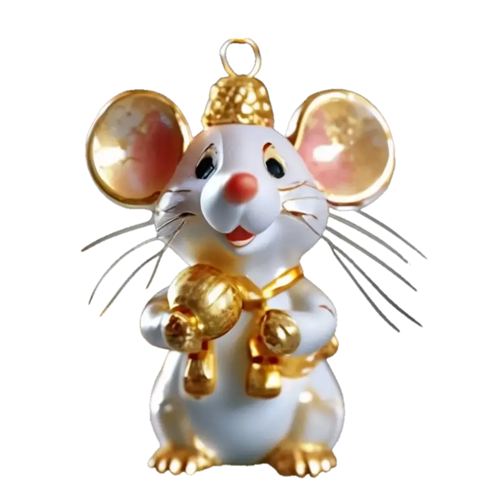 "A toy porcelain, glass, golden mouse holds a golden cheese in its ...