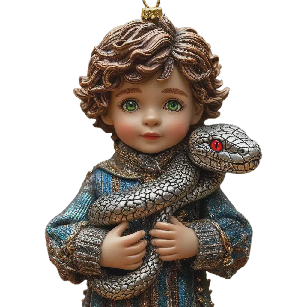 "A brown-haired, green-eyed wizard boy holds a silver snake with red ...