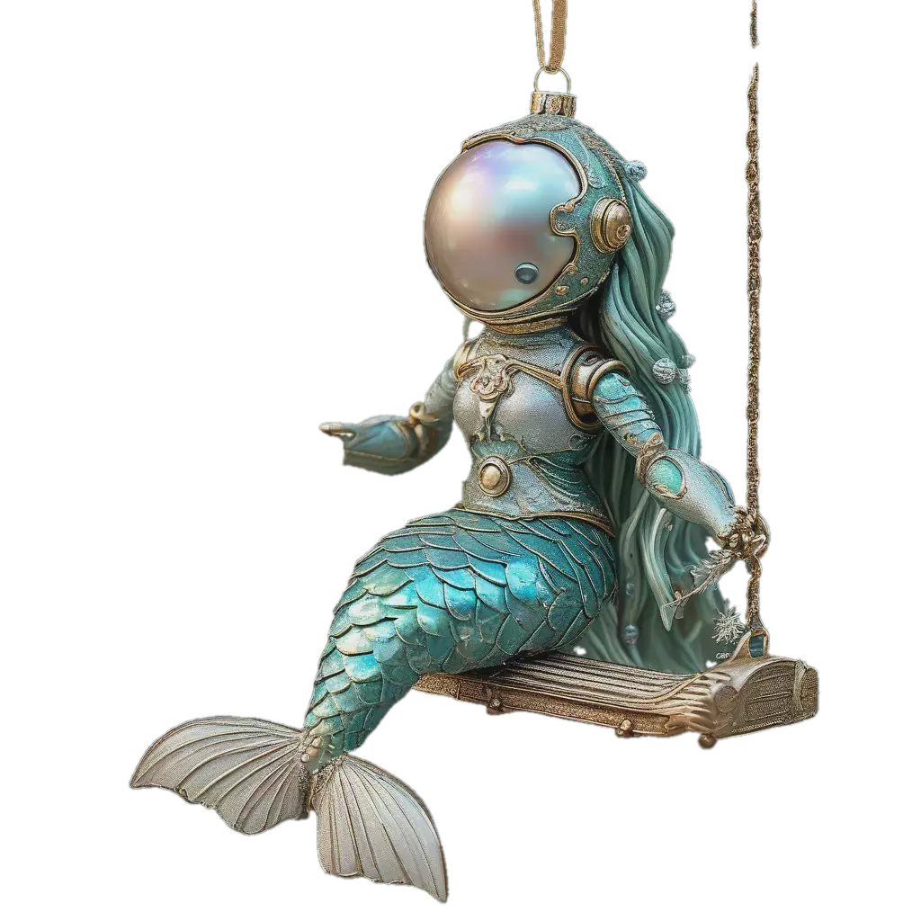 "Sitting on a swing, biomechanical mermaid robot, mint mother-of-pearl ...