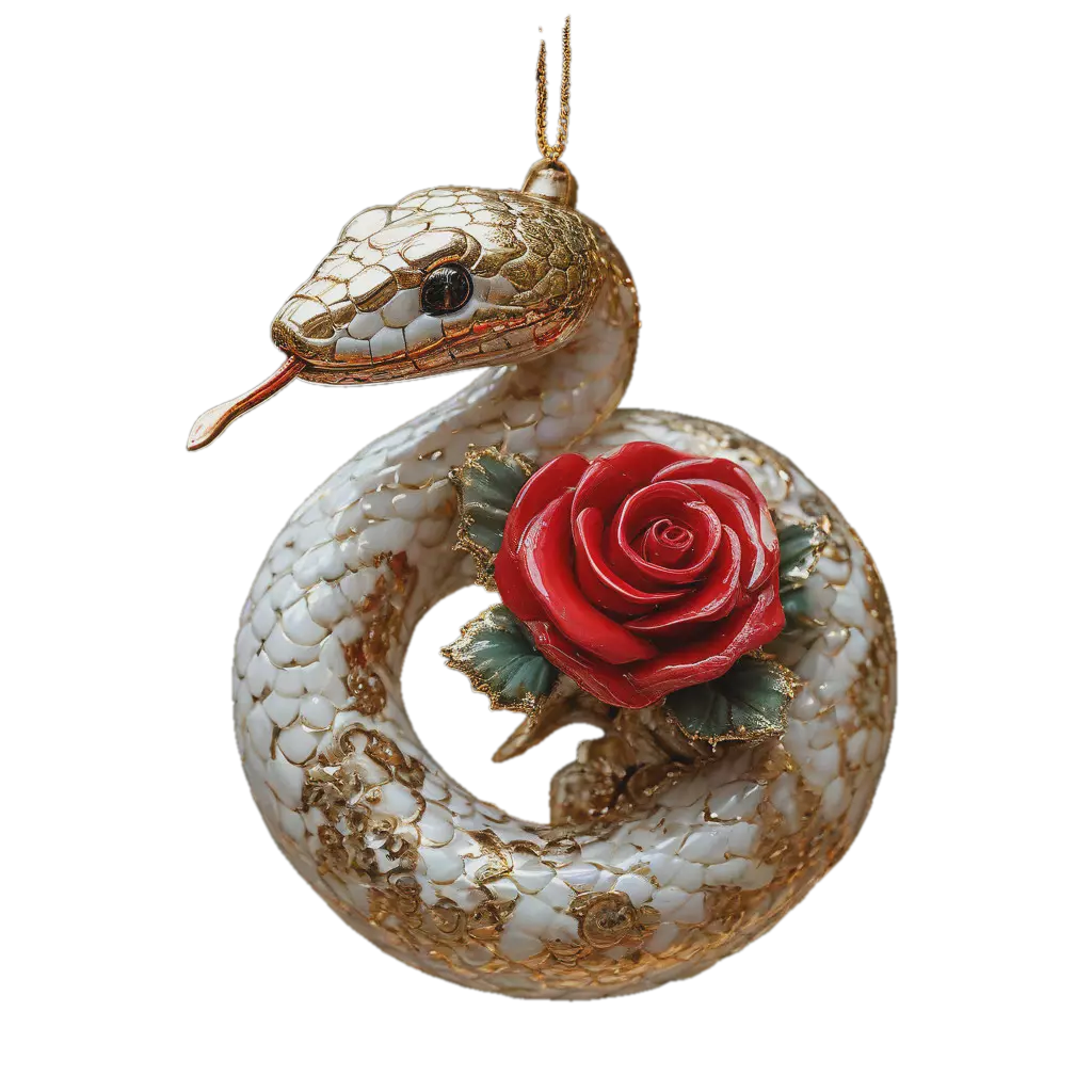 "A glassy beautiful snake curling in a spiral at the top and a red rose ...