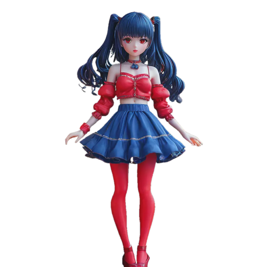 "Cute yandere girl in anime style, in red top and blue skirt, with dark ...