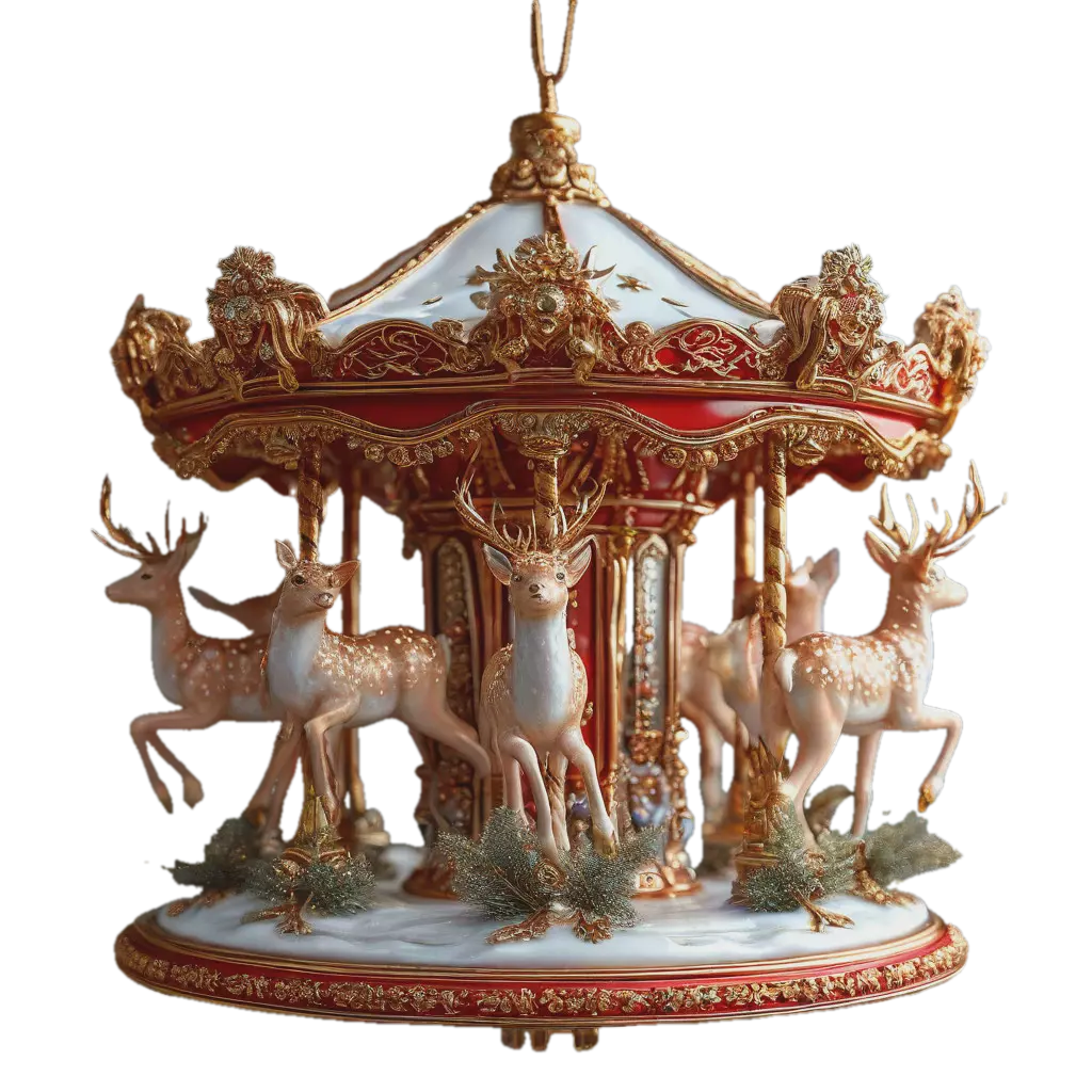 "A carousel made of shiny materials, red and gold, twisted columns, an ...