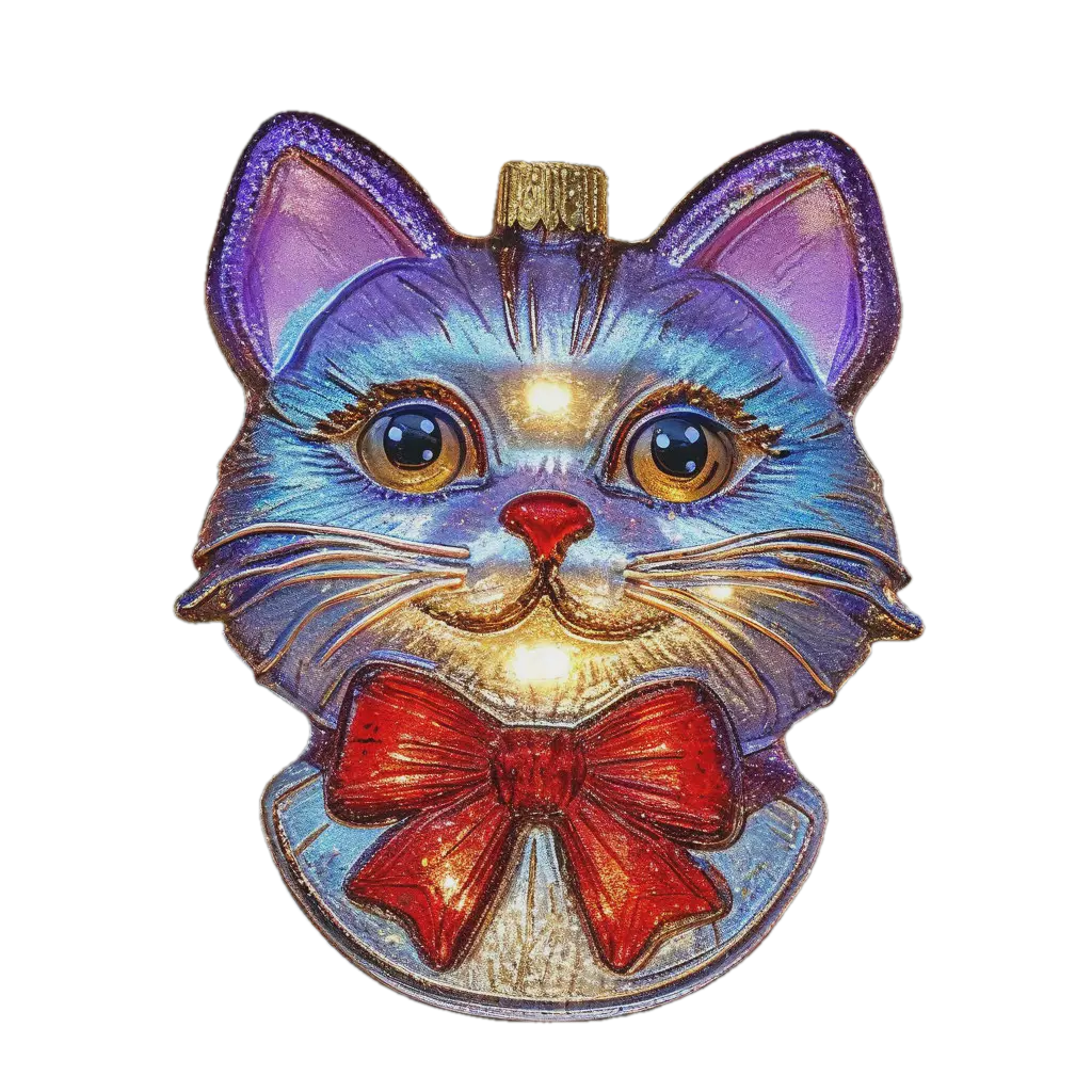 "A cat with purple ears and a red bow around its neck " — image created ...
