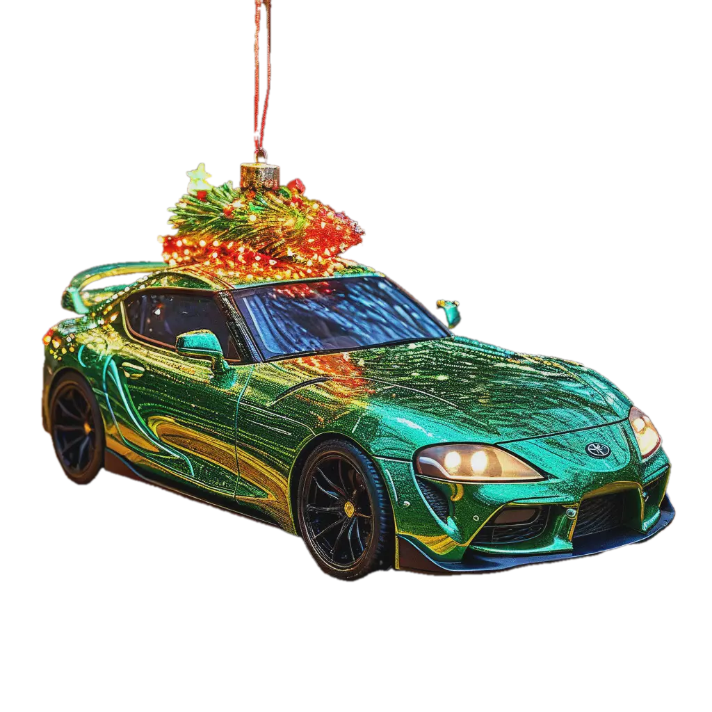 "A green toyota supra with a reclining Christmas tree on the roof ...