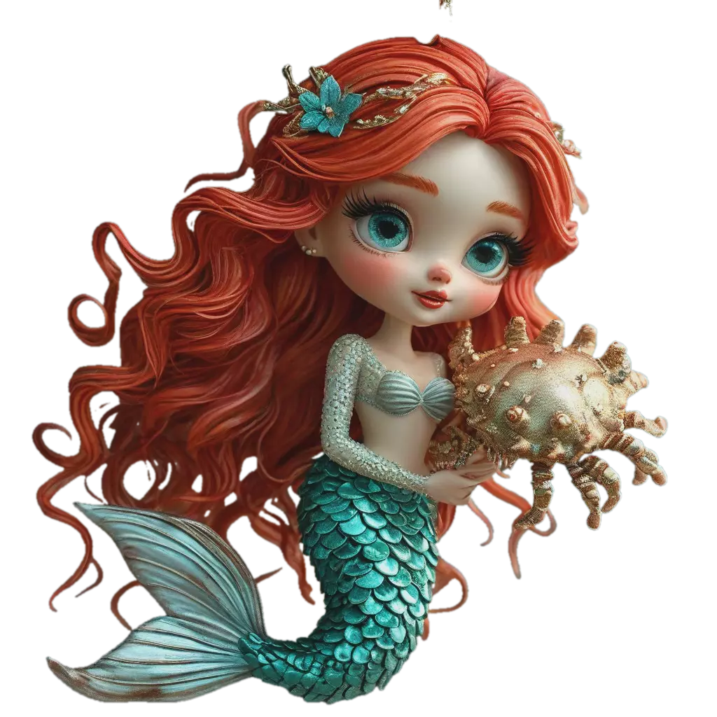 "A beautiful mermaid with fiery red hair, turquoise big eyes, long ...