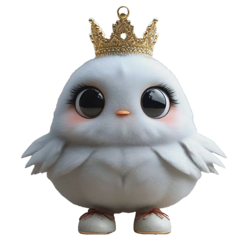 "A fluffy queen in a soft crown. She's wearing fluffy shoes and a ...