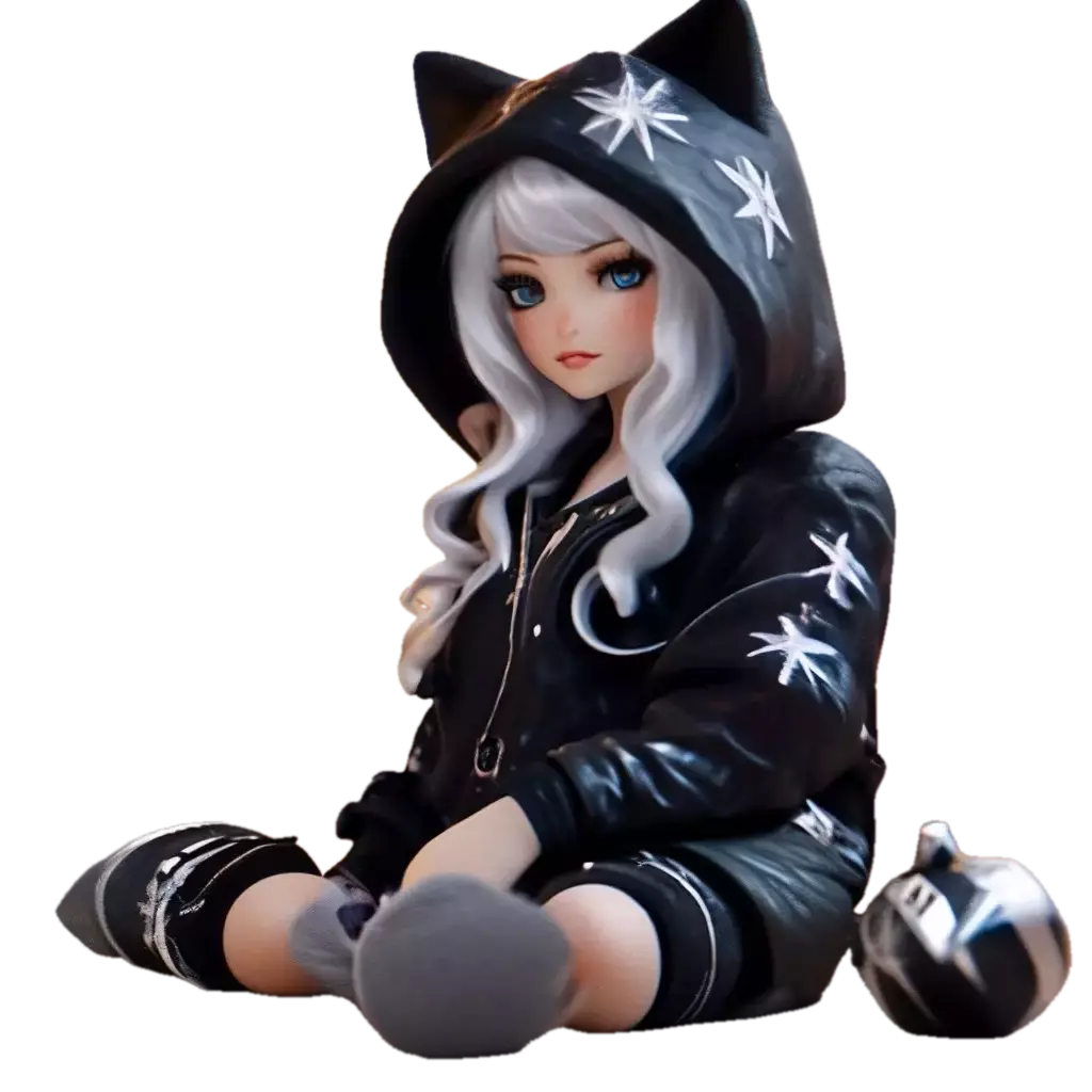 "Katsha's girl with white hair and in a black hood with cat ears, in a ...