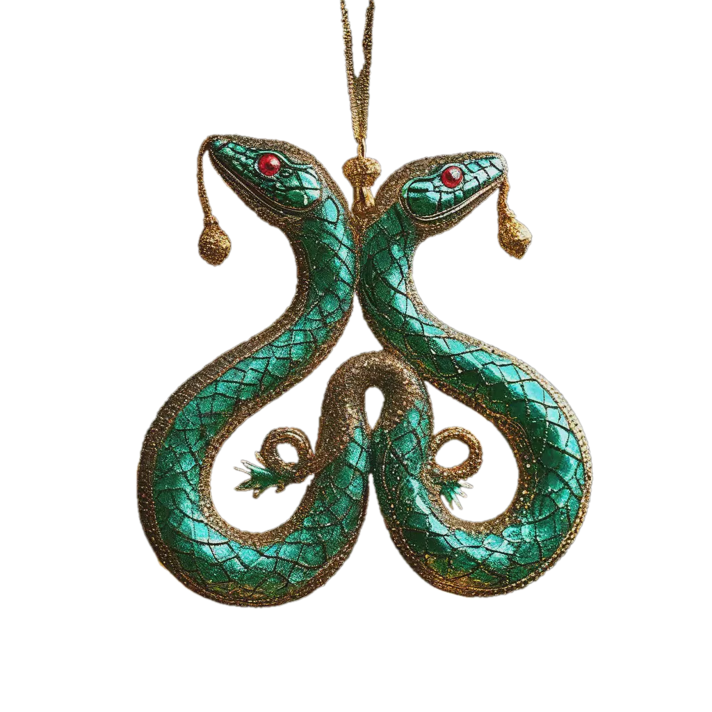 "Two emerald snakes, with their backs to each other, intertwine in the ...