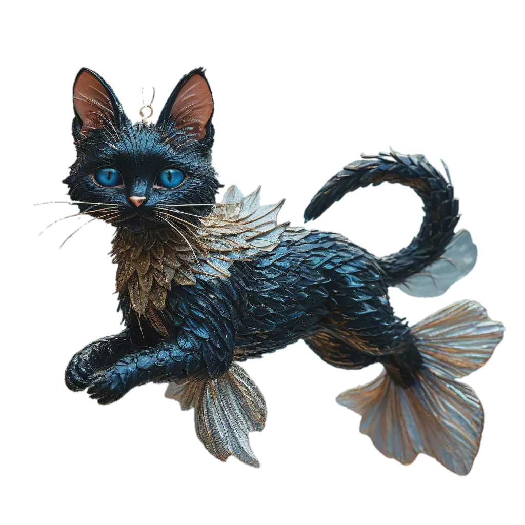 "Siamese fluffy black cat with fins and fish tail" — image created in ...