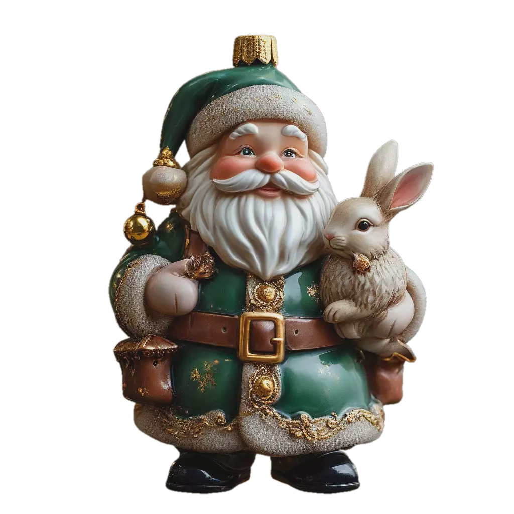 "Santa Claus in a green suit with a rabbit in his hand" — image created ...