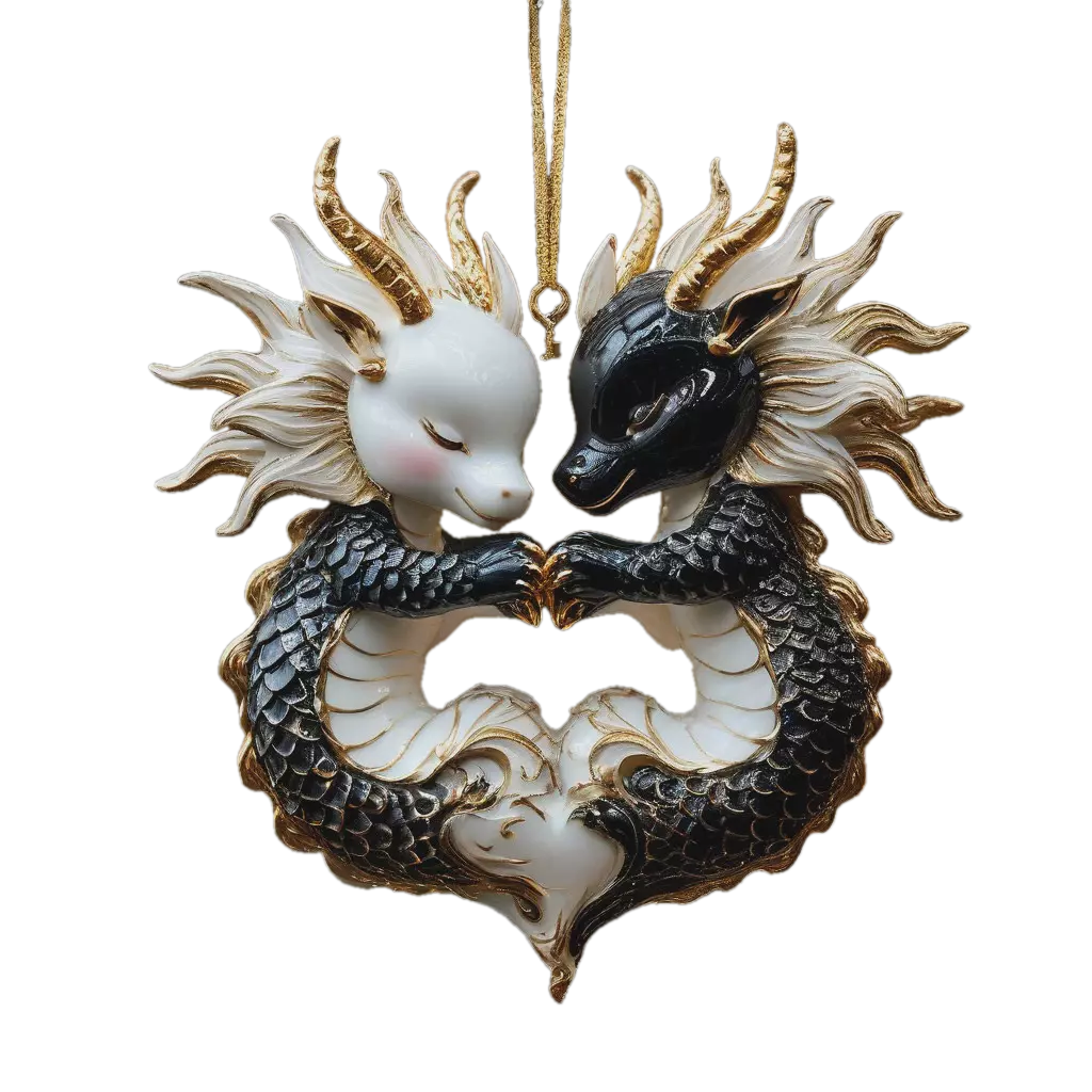 "Two dragons, one white and the other black, embrace, and their tails ...