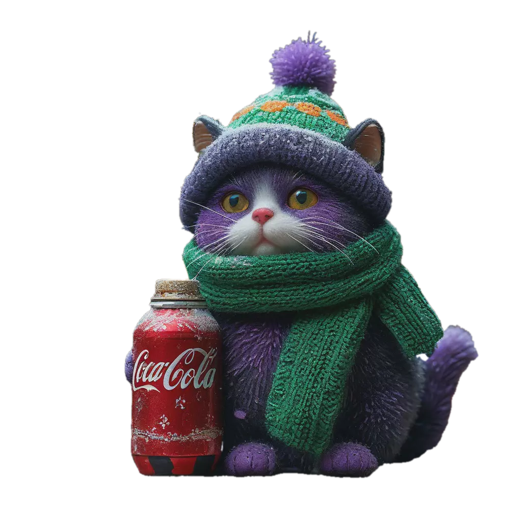 "MEGAFON text logo Black- white-violet cat in Green Scarf drinking Coca ...
