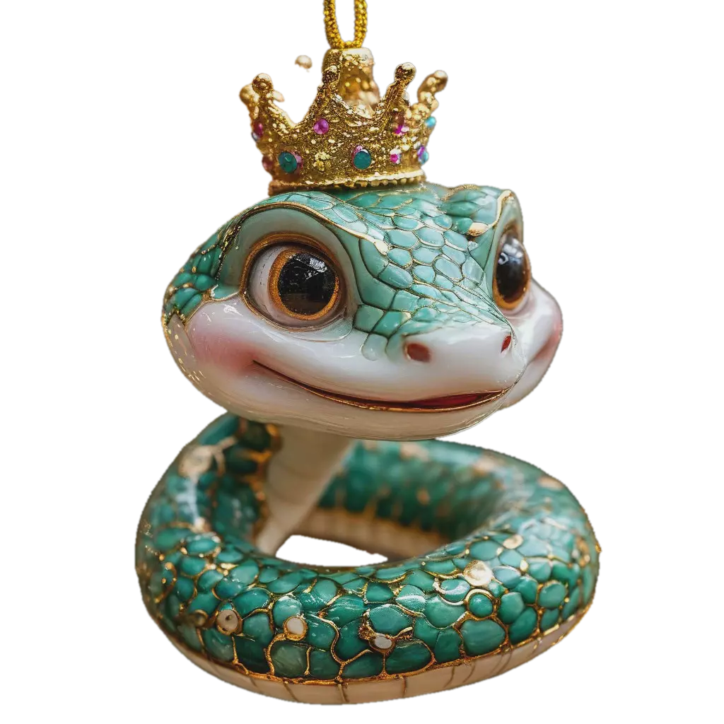 "A small green pearl snake with pink flecks in a crown, smiling ...