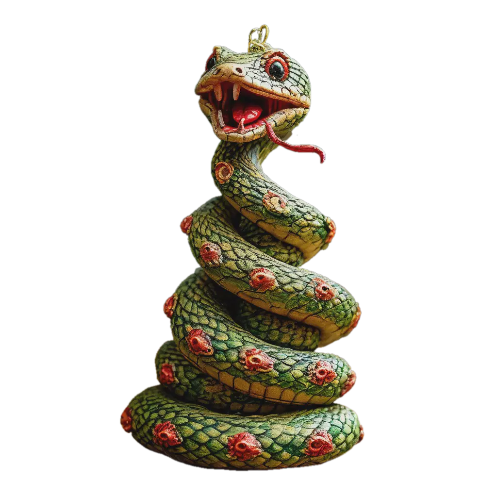 "A Christmas tree made of many light green vipers with open mouths ...