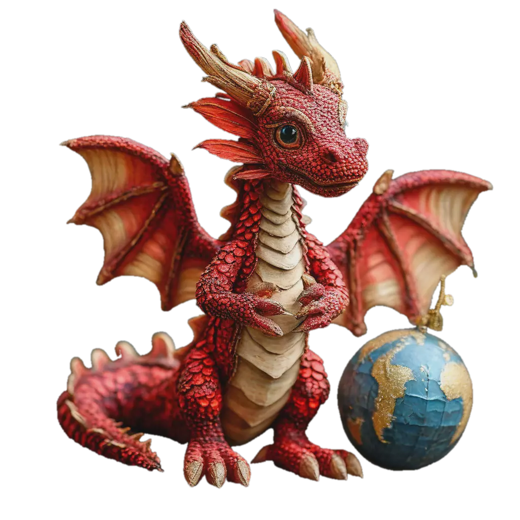 "A red dragon with wings and a kind look holds the earth in its paws. A ...