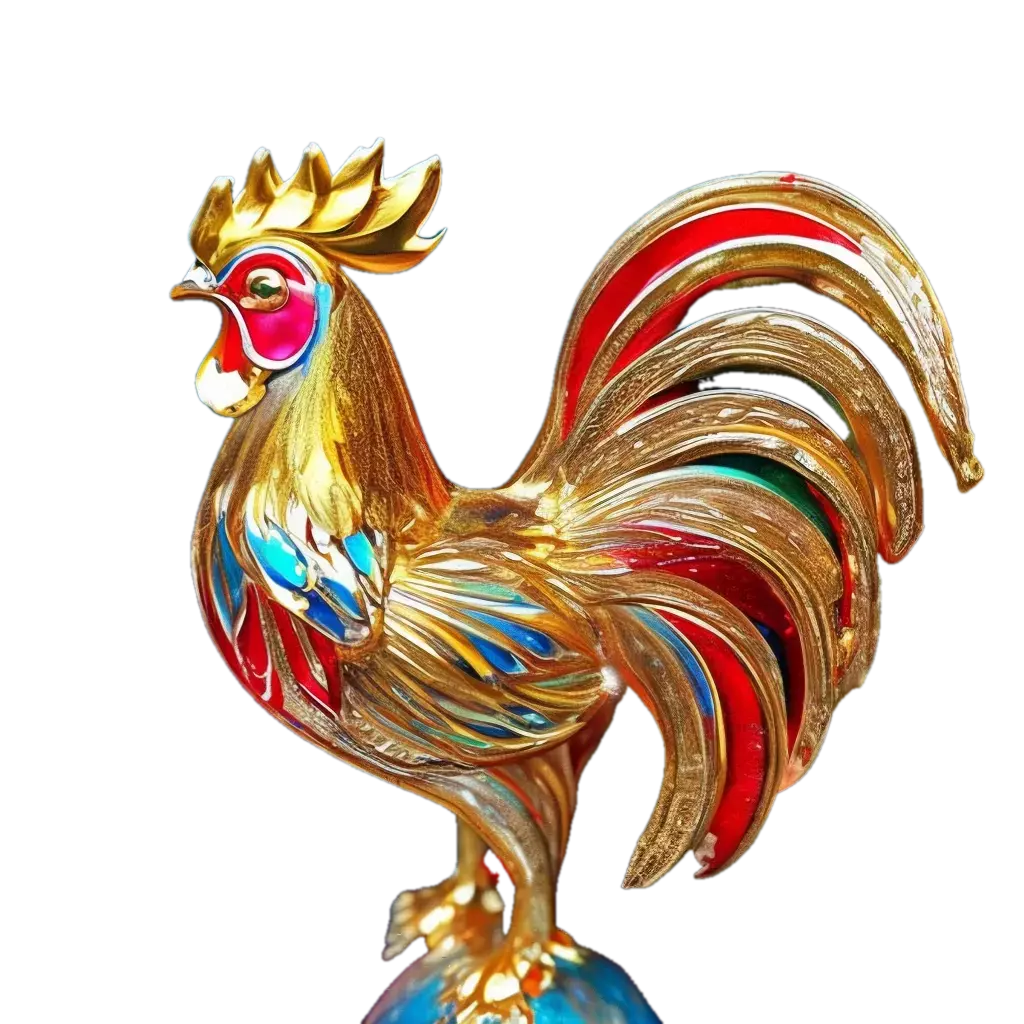 "Golden cockerel red comb multicolored tail fine drawing, shiny ...