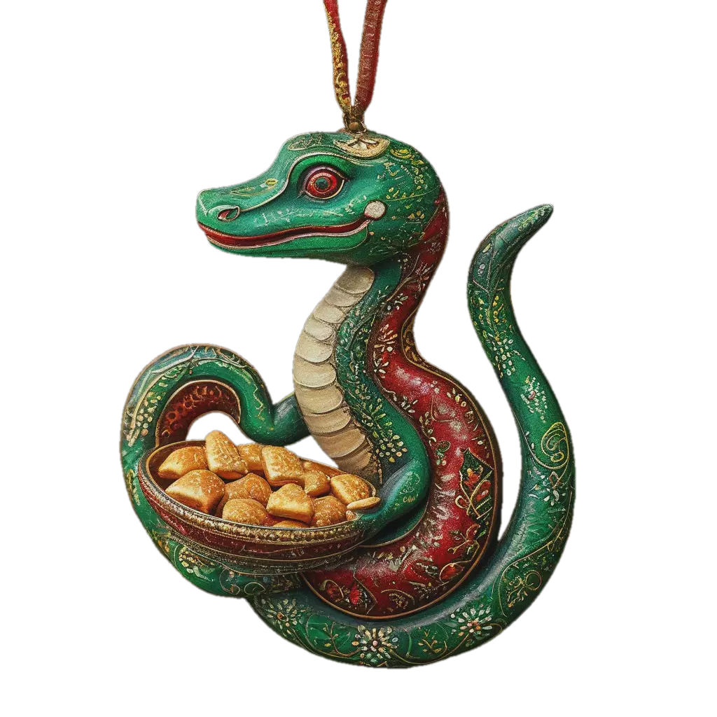 "A green snake painted with ashes in a Tatar costume holds a tray with ...
