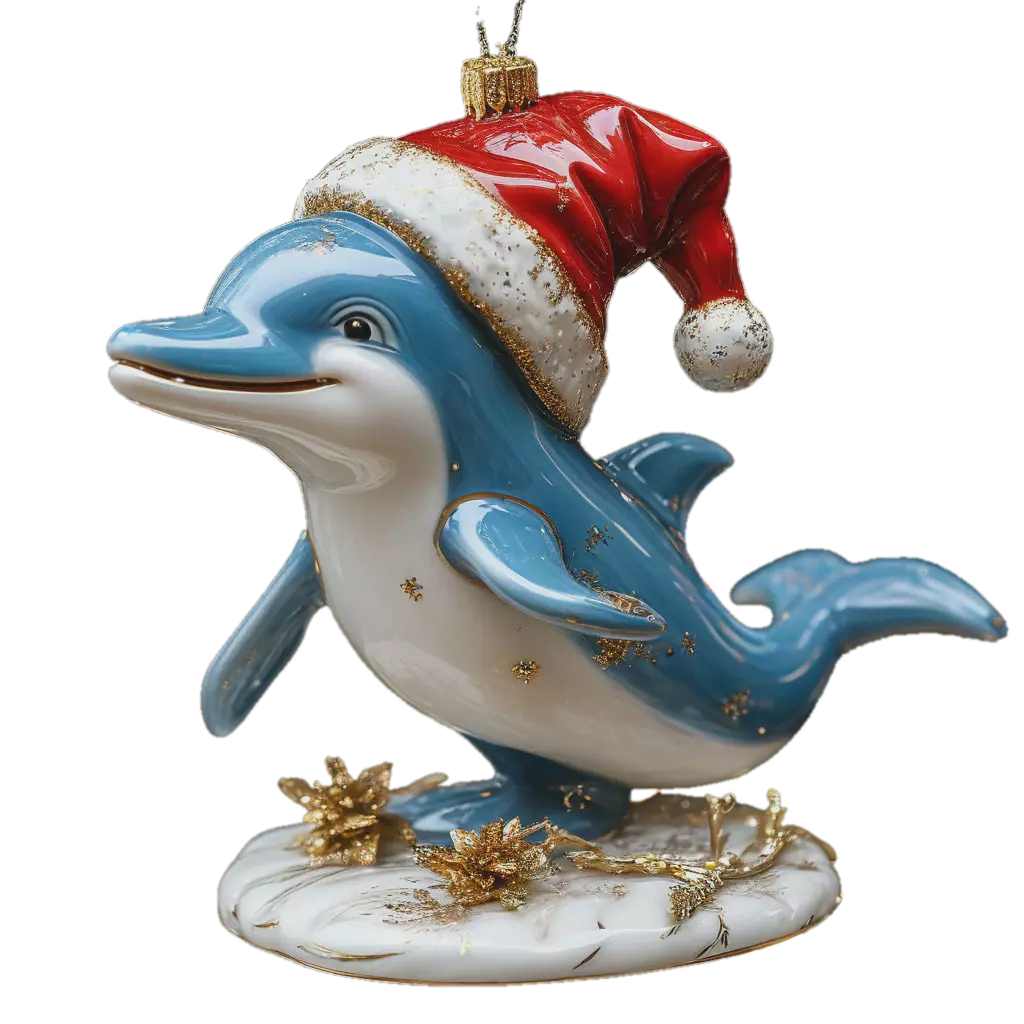 "An anthropomorphic dolphin in a fur coat and a Santa Claus hat with a ...