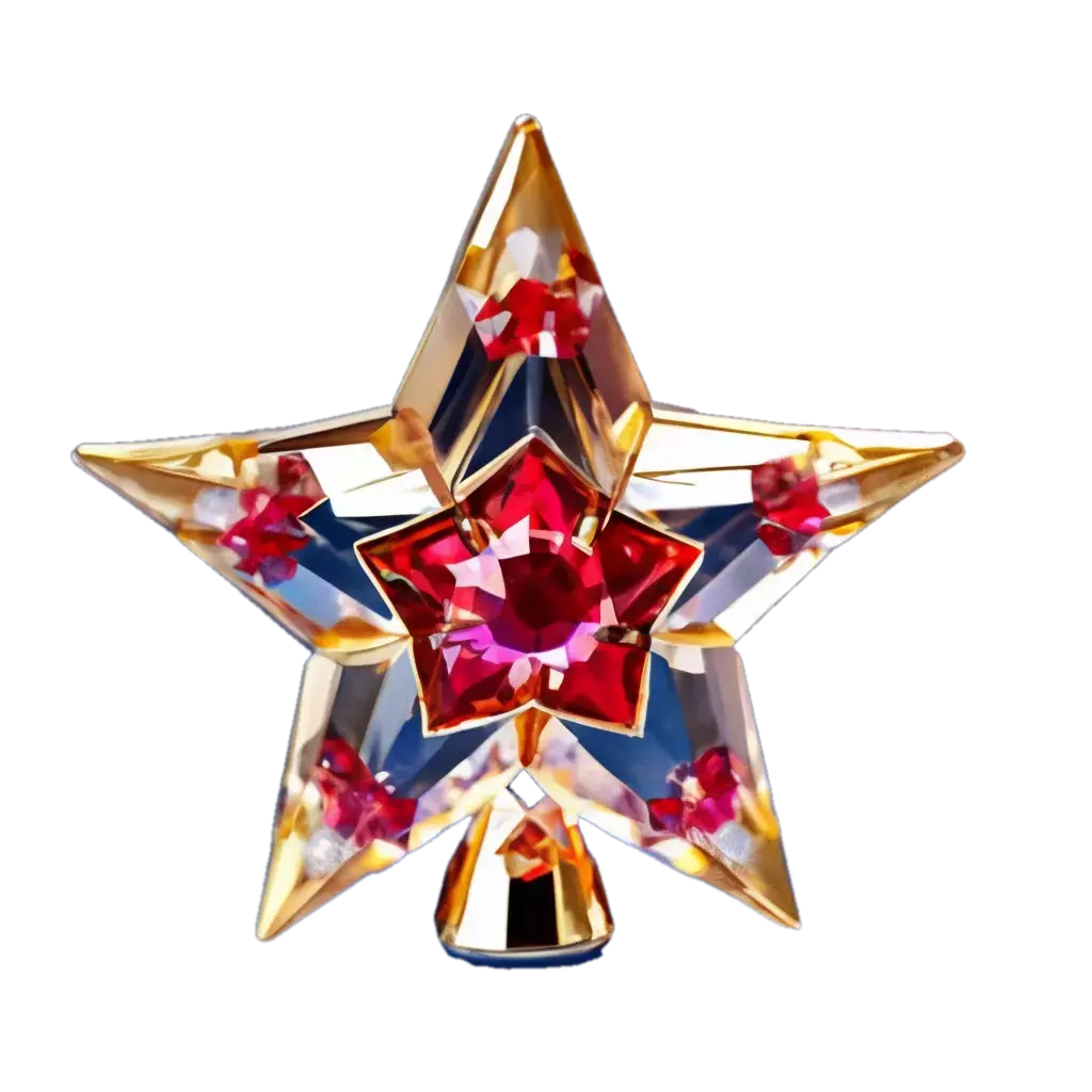 "A five-pointed star with ruby, gold-edged peaks. In the center is a ...
