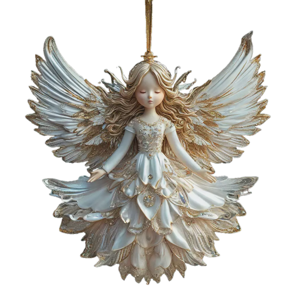 "Gilded angel with white feather wings in a transparent dress ...