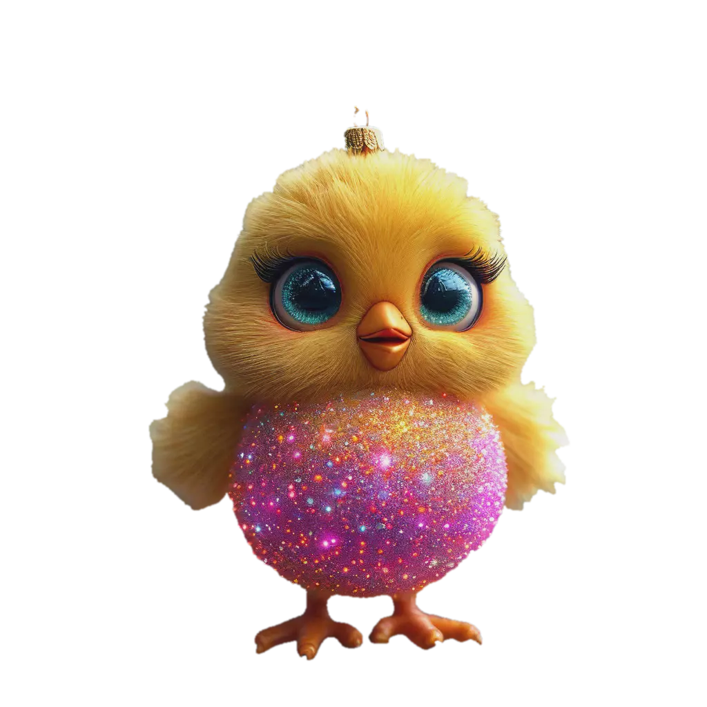 "A small fluffy yellow cartoon chicken with big expressive eyes and ...