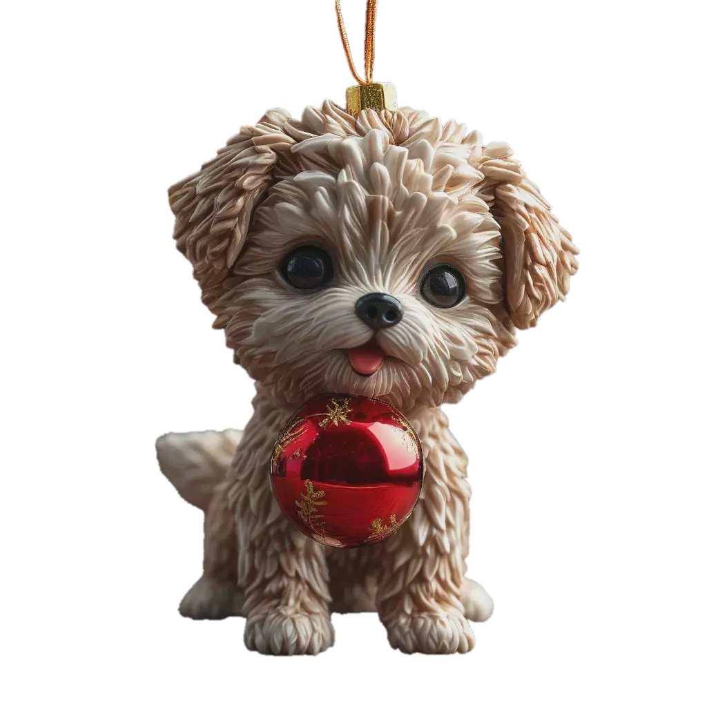 "Shaggy chibi puppy carries a red glass ball in his teeth by a thread ...