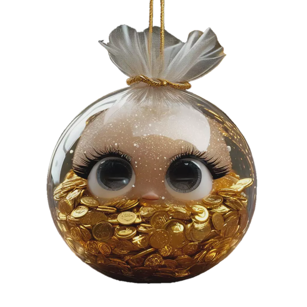 "A large transparent money bag, gold coins in tinsel in garlands in a ...