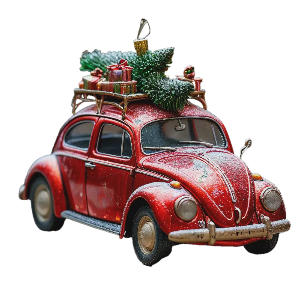 "Red Volkswagen beetle with a Christmas tree and gifts on the roof ...