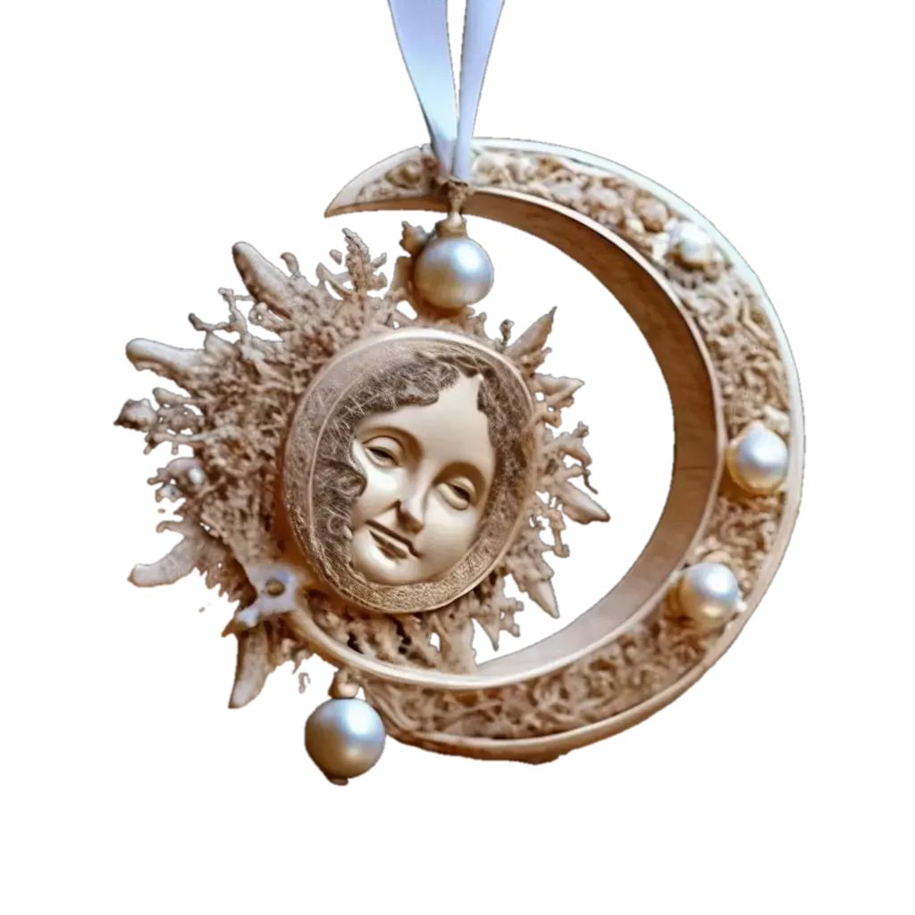 "Crescent moon with face, filigree, pearls and silver, medieval gravure ...