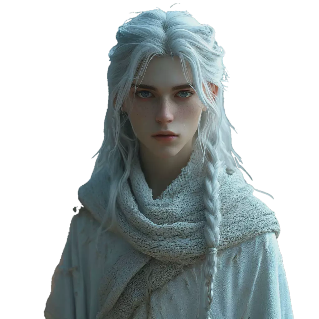 "A beautiful man in white loose …" — image created in Shedevrum